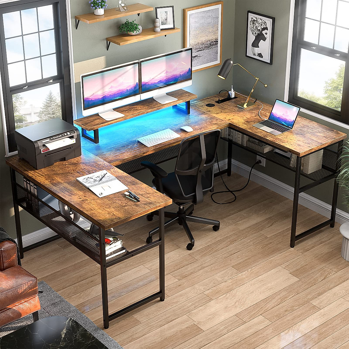 Unikito 130 Inch Computer Desk, DIY Sturdy U Shaped Office Desk with Smart Strip Light and Magic Power Outlet, Cool Modern Gaming Table with Monitor Stand and Storage Shelves, Space Free, Black Oak