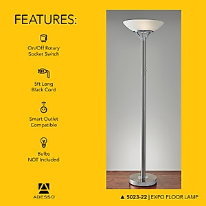 Adesso 5023-22 Expo 300W Torchiere, 71.5 in, 2 x 150W Incandescent/LED, Brushed Steel/Chrome Finish, 1 Floor Lamp
