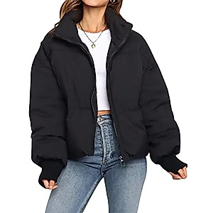 Gihuo Women’s Winter Warm Long Sleeve Zip Front Short Baggy Puffer Jacket with Pockets(Black-L)