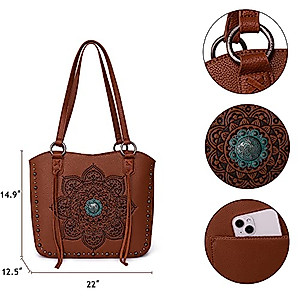 Montana West Western Tote Bag for Women Concealed Carry Shoulder Handbag Tooling Vegan Leather Purses with Wallet Brown MBB-MWC-144W-BR