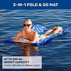 Aqua 3-in-1 Fold and Go Pool Float, Mat and Lounge, Padded Mat for Land or Water with Carry Strap, Blue Pineapple Hibiscus