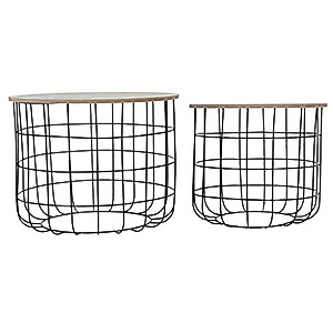 LIRUXUN 2pcs Living Room Storage Side Table Set Coffee Table with Metal Basket and Wood Tabletop