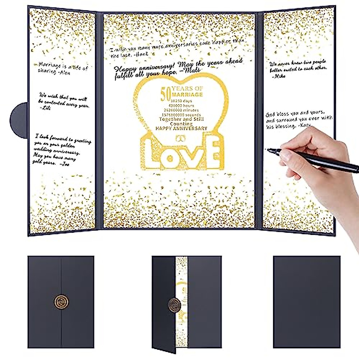 Idealmuzik 50th Wedding Anniversary Guest Book Alternative,Marriage Signature Board,50th Anniversary Table Decorations,Black Gold Large Gift Card for 50 Years Wedding Anniversary party Supplies