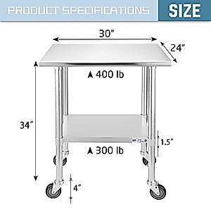 Hally Stainless Steel Table for Prep & Work 24 x 30 Inches with Caster Wheels, NSF Commercial Heavy Duty Table with Undershelf and Galvanized Legs for Restaurant, Home and Hotel
