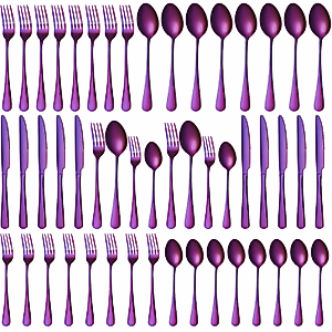 50 Pieces Purple Silverware Set Service for 10 Stainless Steel Flatware Set Metal Utensils Set Tableware Cutlery Set Including Knife Forks Spoons for Home Wedding Restaurant Table Dishwasher Safe