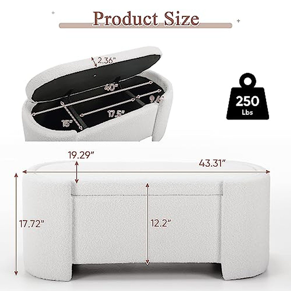 Deolme White Boucle Storage Ottoman Bench- Modern Wooden Indoor Upholstered Storage Bench End of Bed Stool Sherpa Bench Bedside with Safety Hinge for Bedroom, Living Room Seating, Entryway