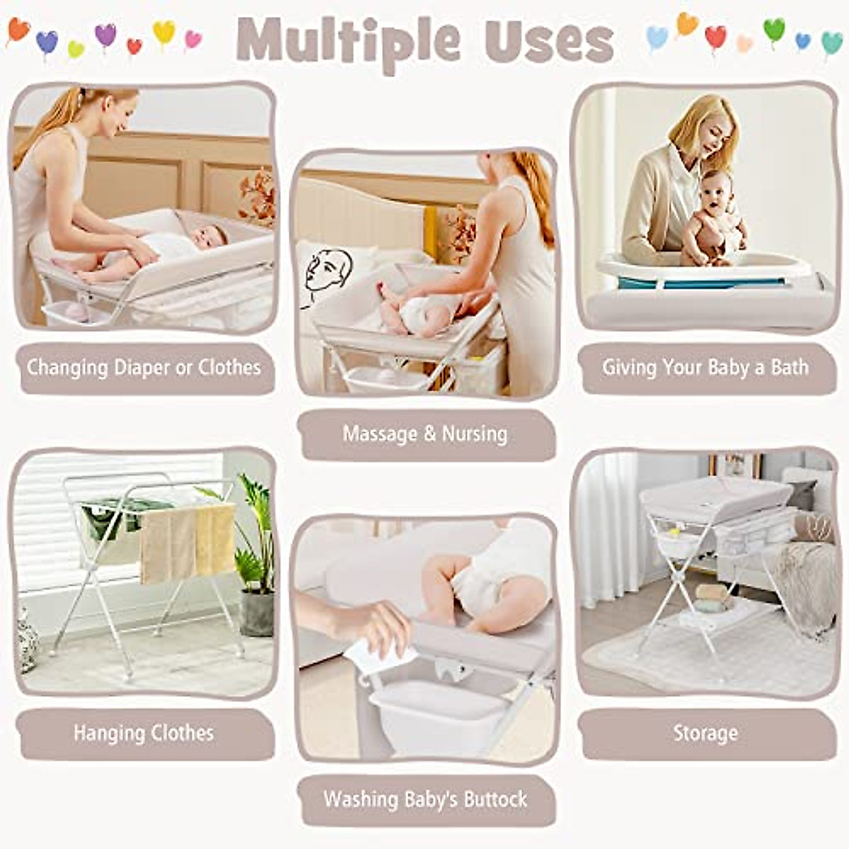 BABY JOY Baby Changing Table, Portable Folding Diaper Changing Station with Wheels, Adjustable Height, Large Storage Rack, Water Basin, Safety Belt, Mobile Nursery Organizer for Newborn Infant, Beige