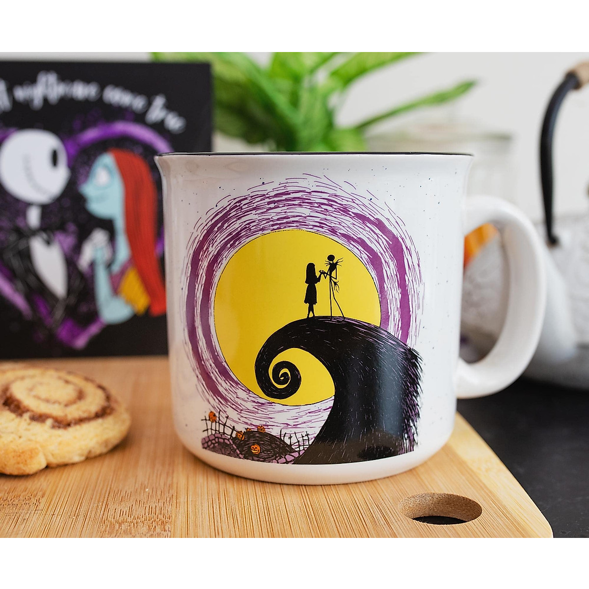 Disney The Nightmare Before Christmas Jack and Sally Spiral Hill 20-Ounce Ceramic Camper Mug | BPA-Free Travel Coffee Cup For Espresso, Caffeine, Cocoa, | Home & Kitchen Essentials | Halloween Gifts