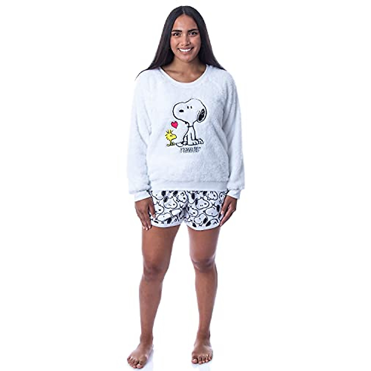 INTIMO Peanuts Womens' Snoopy and Woodstock Sweater and Shorts Sleep Pajama Set (M) White