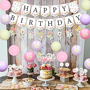 Fangleland She is A Wildflower Theme Birthday Decorations for Girls - Daisy Macaroon Pastel Balloons, Happy Birthday Banner, Cake Cupcake Toppers - Floral Baby Shower Party Decors Supplies
