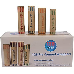 L LIKED 128 Assorted Preformed Coin Wrappers Rolls - Quarters, Pennies, Nickels and Dimes (128 Assorted)