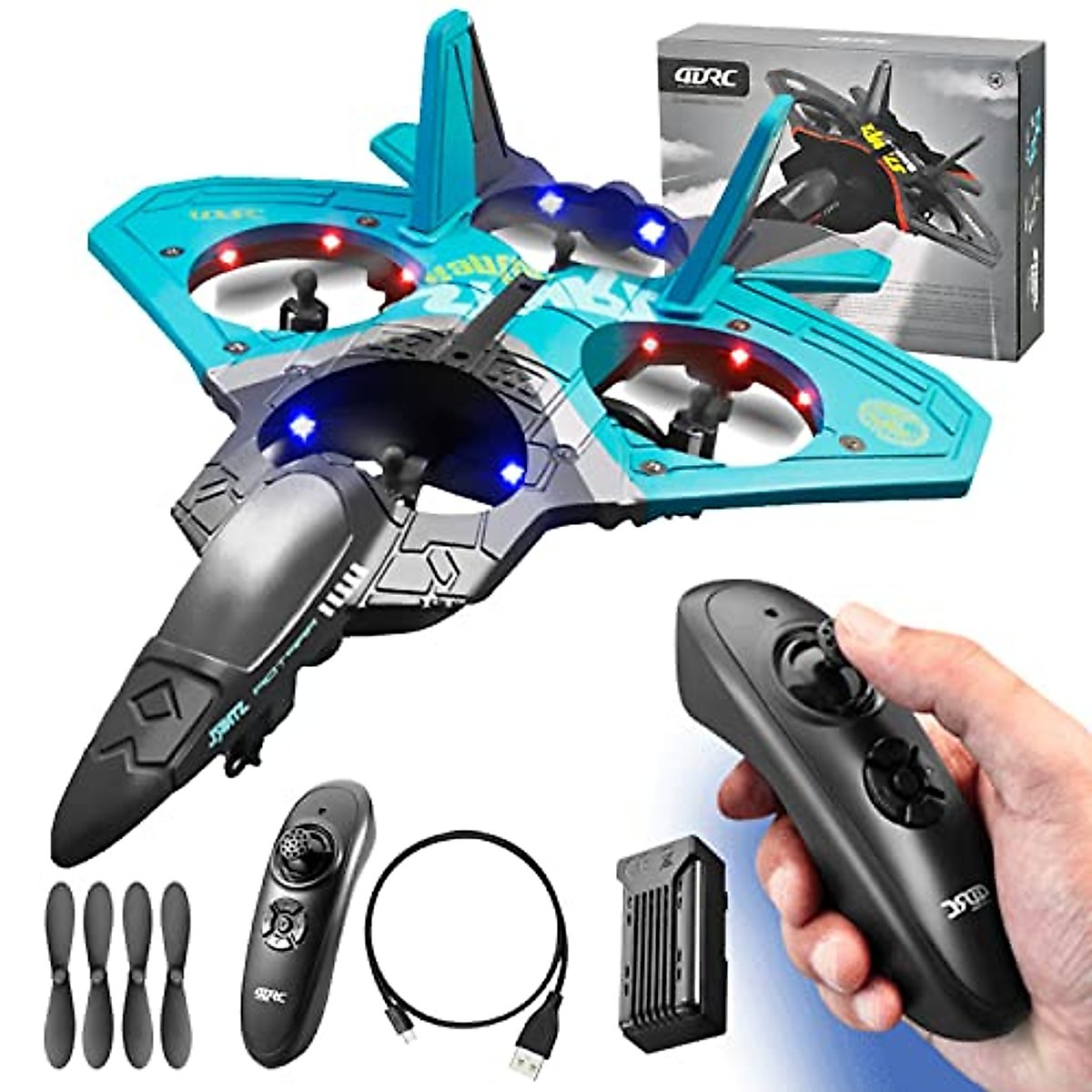 emudans V17 Fighter RC Aerobatic Aircraft Drones for Kids&Beginners,Four-Rotor Aircraft Toys with 4 Motors, 360°Stunt Roll, Gravity-Sensing Remote Control, 15 Minutes of Life, LED Color Lights