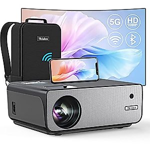 【Electronic Focus】 Projector with 5G WiFi and Bluetooth 5.1, Tkisko 480ANSI Native 1080P Movie Projector 4K Support, 4D/4P Keystone Correction, Outdoor Portable Video Projector for Travel/Camping