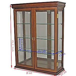 DisplayGifts 26" Solid Wood Tuscan Style Wall Mount Small Curio Cabinet Stand 19.75" W X 26" H X 7" D Walnut Mirror Background