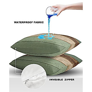 Vandarllin Outdoor Throw Pillows Covers 16X16 Set of 2 Waterproof Sage Green Brown Decorative Zippered Cushion Covers for Patio Furniture, Farmhouse Retro Rustic Barn Wood Texture Lumbar Pillowcases