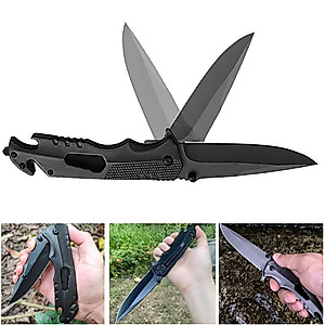 Wellsure 5-in-1 Multitool Folding Knife, Stainless Steel, Black - Camping Knife with Bottle Opener, Glass Breaker, Seatbelt Cutter and Wrench