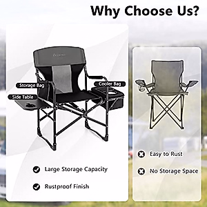 COSTWAY Folding Camping Chair, Heavy-Duty Director Chair Supports 400lbs for Adults with Side Table, Cooler Bag, Storage, Strap, Portable Makeup Chair Suitable for Fishing Picnic, Black