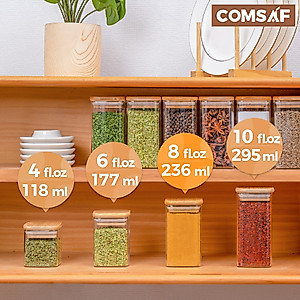 ComSaf 12Pcs Glass Spice Jars with Bamboo Lid, 8oz Airtight Square Spice Containers with 275 Black Lables, Empty Seasoning Jars for Spice Salt Sugar