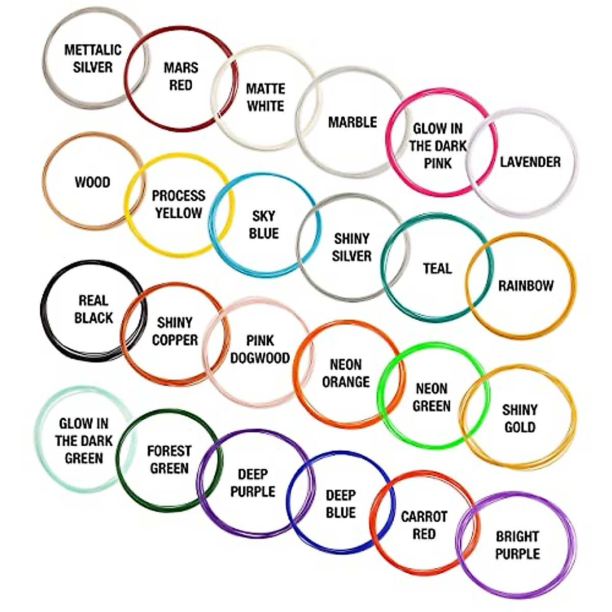 Rocket3d 3D Printer/Pen Filament Sample Bag, 1.75mm Made in The USA, 24 Exclusive Colors, (Includes Wood and Marble PLA), Each Color is 15 Feet, 360 Total Feet Included