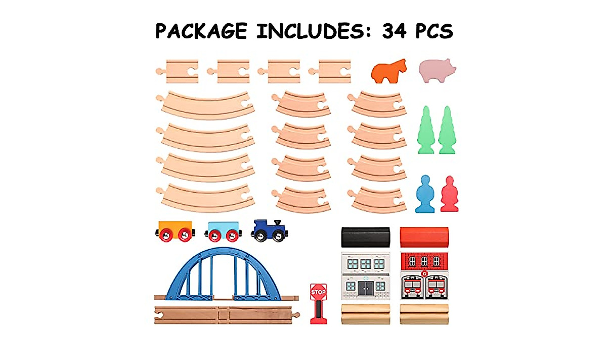 SainSmart Jr. Wooden Train Set 34pcs - Compatible with Brio & Thomas