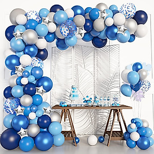 Amandir Navy Blue Balloons Arch Garland Kit, 144Pcs Royal Light Blue Confetti Silver Star Foil Balloons for Blue Boys Birthday Baby Shower Wedding Party Decorations Supplies &4Pcs Tools