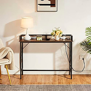 VECELO 39.4" Couch Side & Console Table with 2 Outlet and 2 USB Ports, Narrow Entryway Furniture with Baffle, Extra Long 9.8 Feet Power Cord and Rest Rails, 39.42" L x 11.8”W x 31.5" H, Brown