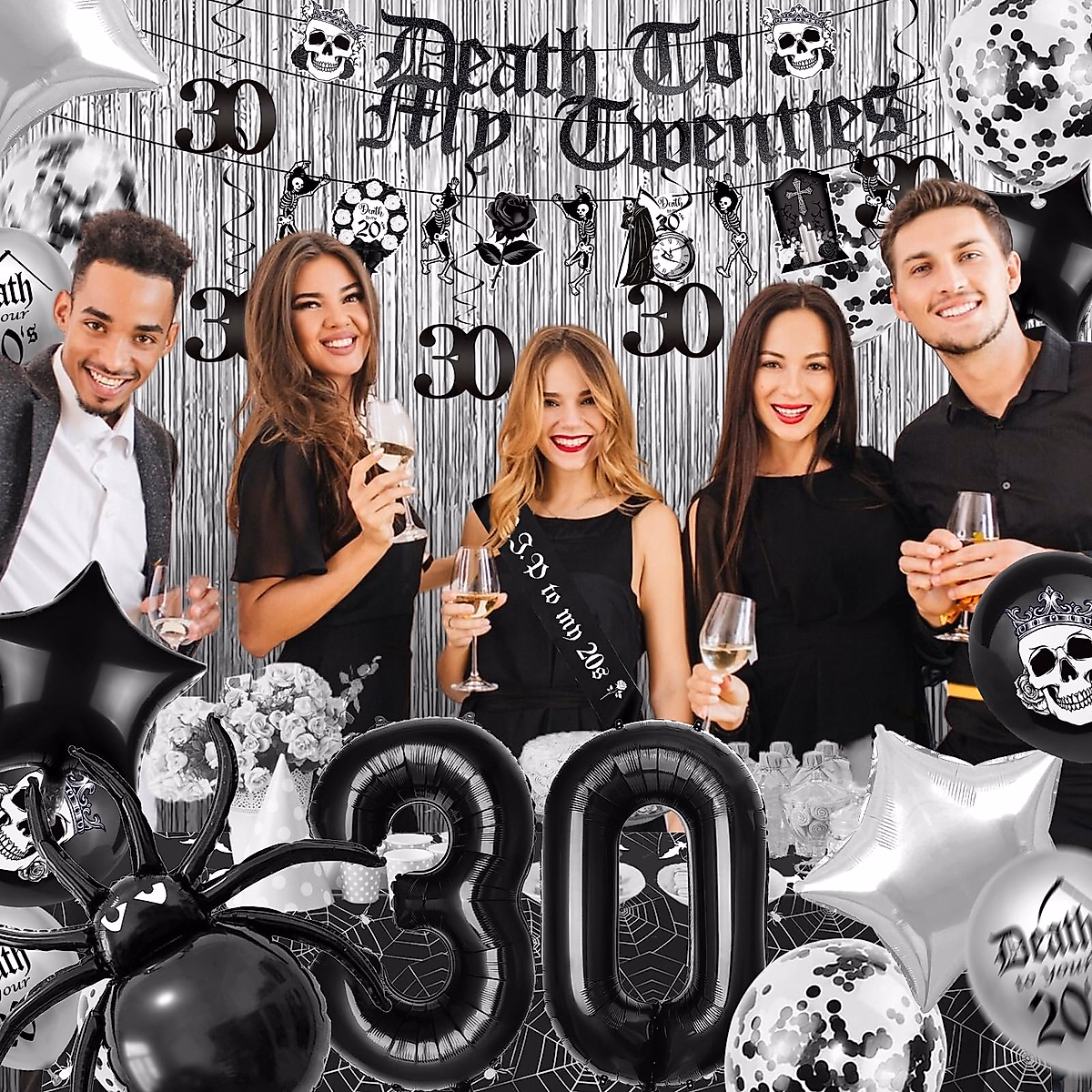 TSVATE Death to My 20s Decorations, 30th Birthday Decorations for Him, Rip to My 20s Birthday Decorations, Black 30th Birthday Decorations, 30 Balloon Numbers, Table Cloth, Cheers to 30 Years Dirty 30