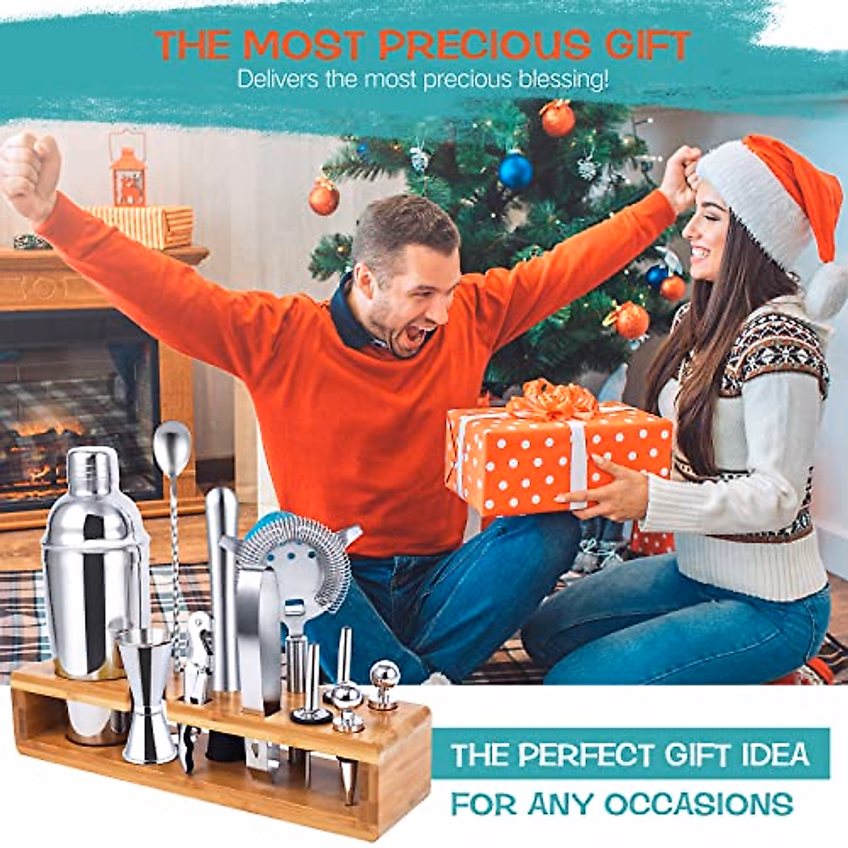 Bartender Kit,Cocktail Shaker Set,Bar Mixing Set with 24oz Stainless Steel and Bamboo Stand, Bar Set with Recipe by Bournis