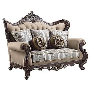 Acme Furniture Upholstery Loveseat with Arched Backrest, Light Brown and Cherry