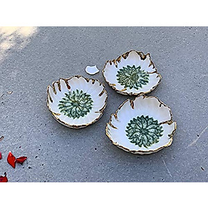 Green Lotus Flower Ring Dish with Gold Rim, Handmade Ceramic Trinket Dishes, Jewelry Gifts for Women and Men -stock photo, please read description