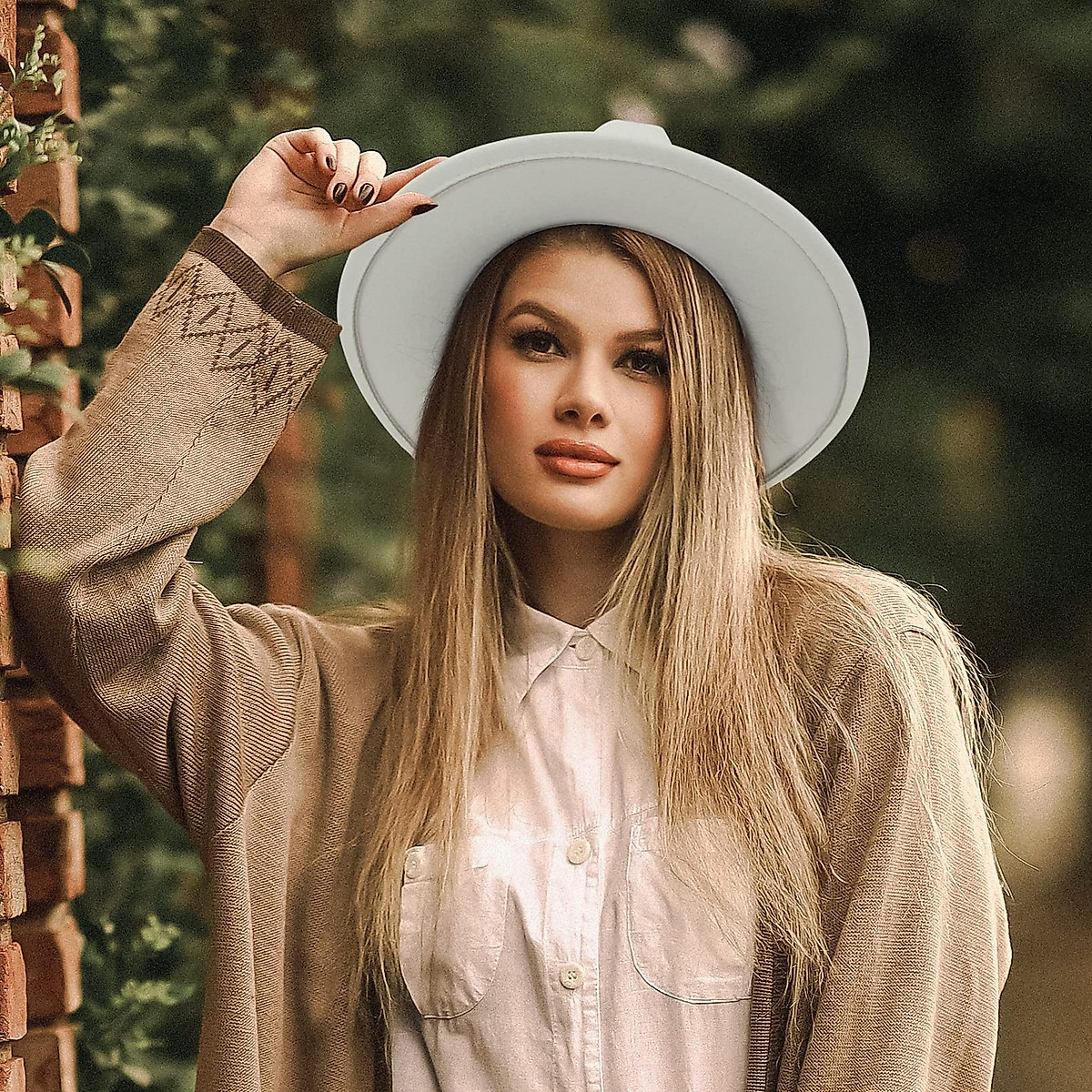 GEMVIE Mens Womens Wool Fedora Panama Hats Wide Flat Brim Trilby Felt Hat Party Gentleman Hat White L=US 7 1/2