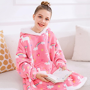 Wearable Blanket Hoodie for Kids, Super Warm and Soft Sherpa Flannel Sweatshirt Blanket with Giant Pocket, Hooded Blanket for 6-10 Year Old Girls Gifts, Pink Unicorn