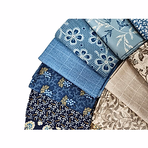 10 Fat Quarters - Edyta Sitar Blue Cocoa Blue Assorted Flowers Florals Botanicals Vines Quality Quilters Cotton Fabric Fat Quarter Bundle (M221.16)