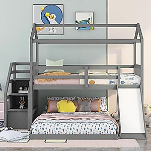 KoiHome Twin Over Full House Bunk Bed with Convertible Slide & Storage Staircase, Wood Bed Frame with Slat Support & Full Length Guardrail for Kids,Teens Bedroom, No Box Spring Needed, Gray