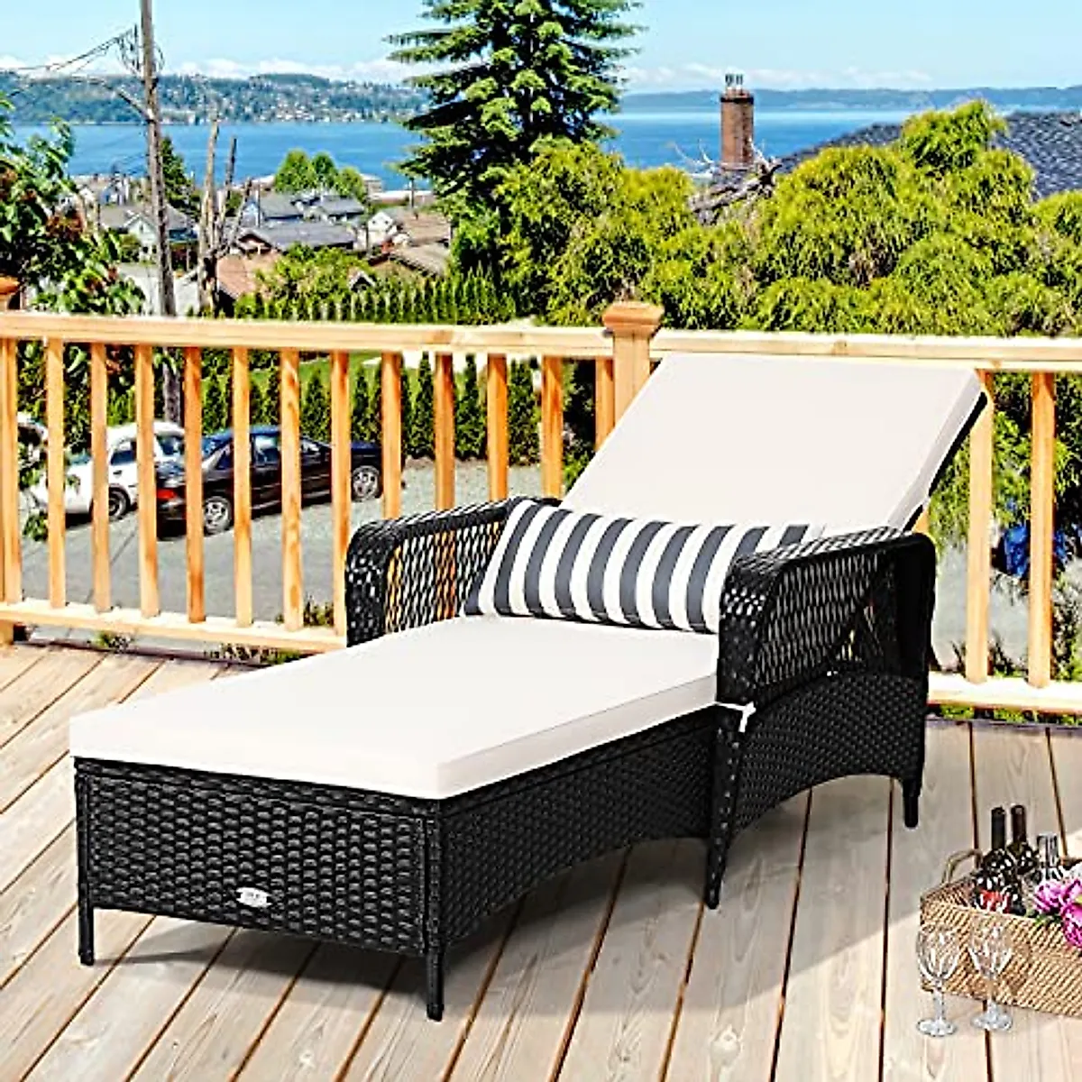 Tangkula 2 Pieces Patio Wicker Chaise Lounge Chair, Outdoor Rattan Reclining Chaise w/ 6-Gear Adjustable Backrest, Thick Padded Cushion & Removable Lumbar Pillow, Ideal for Lawn, Beach, Balcony