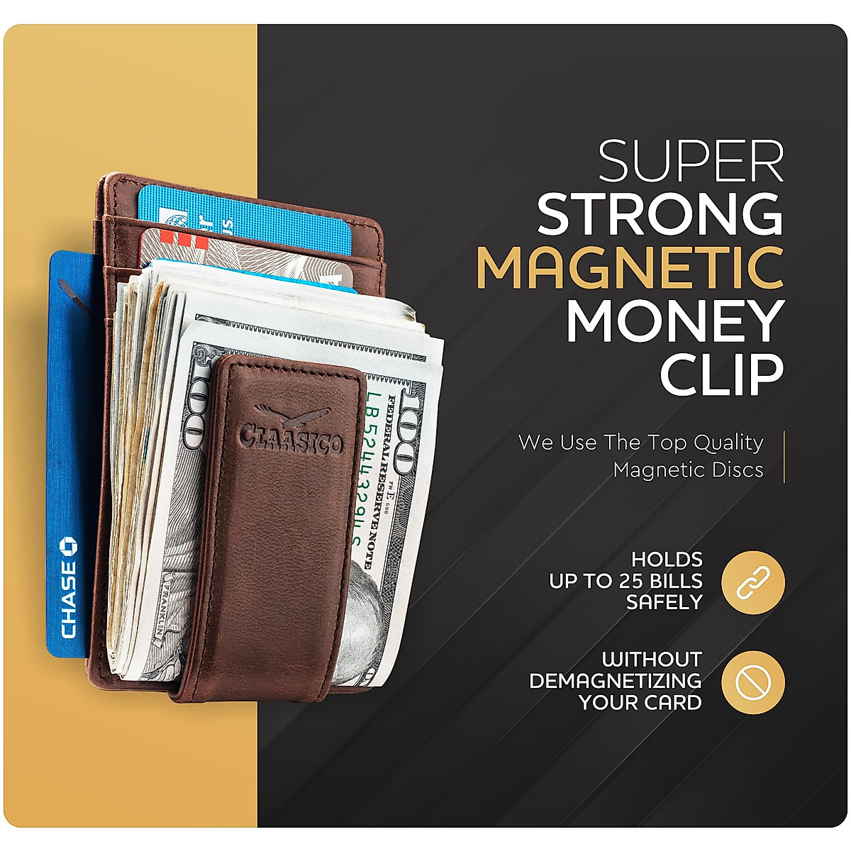Money Clip Leather Wallet For Men Slim Front Pocket RFID Blocking with Super Strong Magnetic