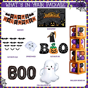 Fiesec Halloween Party Decorations, Happy Boo Day Party Decorations, Happy Halloween Outdoor Indoor Yard Home Room Decor, Backdrop Banner Balloon Spider Web Boxes Cutout Bat Ghost