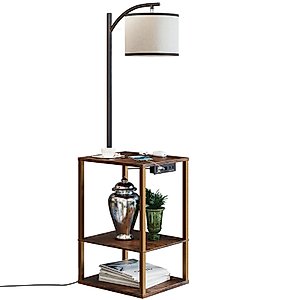 SUNMORY Rustic End Table Lamp with Table, Shelves, Charging Station(USB & AC Port) 3-Color Temperature LED Bulb For Floor, Living Room &, Bedroom(Brown)