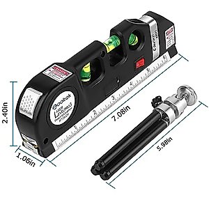 Laser Level, Qooltek Multipurpose Cross Line Laser 8 feet Measure Tape Ruler Adjusted Standard and Metric Rulers for hanging with Metal Tripod Stand(Black)