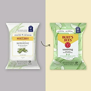 Burt's Bees Facial Cleansing Towelette Wipes for Sensitive Skin With Cotton Extract, 90 Count (30 Count each) [3 Pack] (Package May Vary)