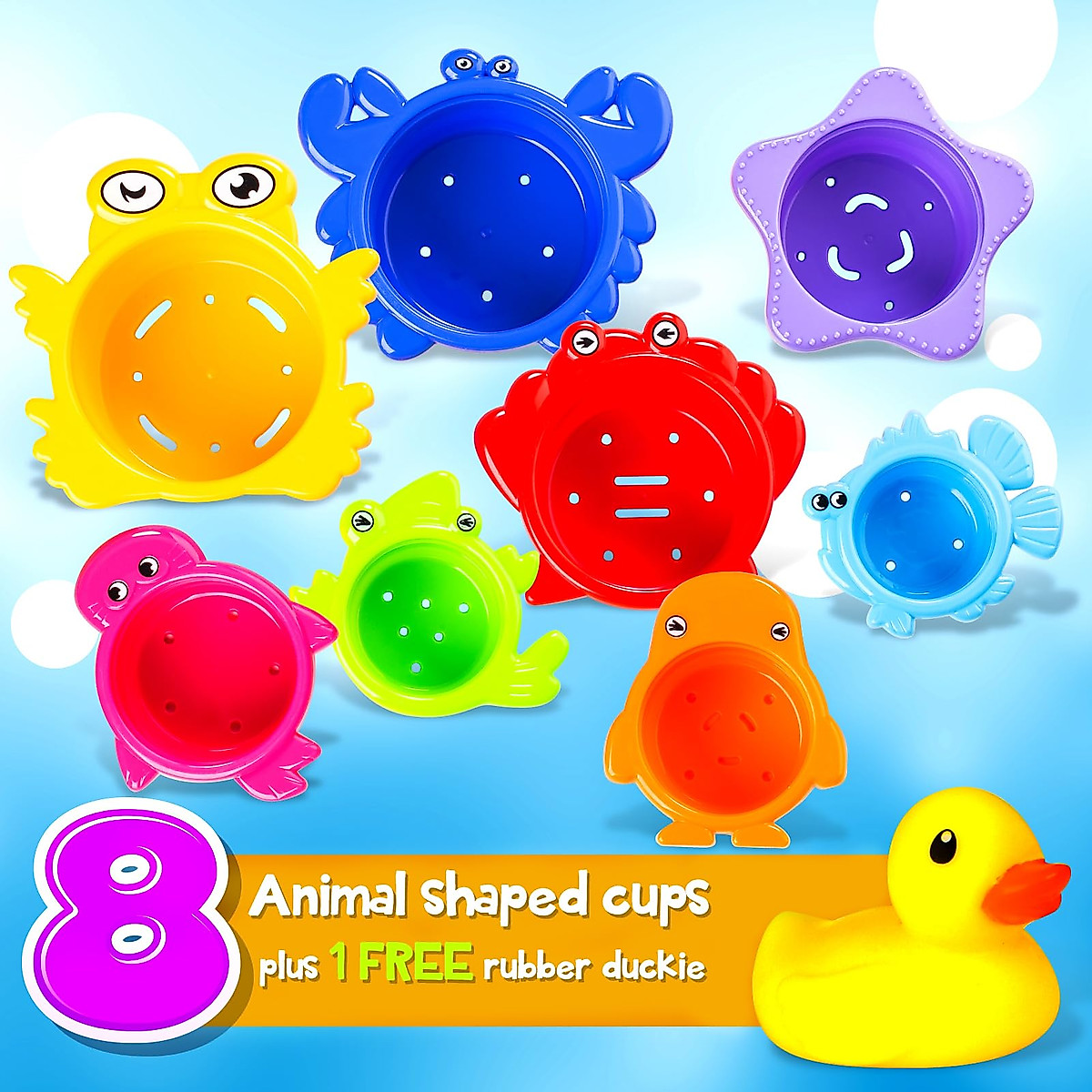 Stacking Cups Bath Toys for Toddlers, Rainbow Bath Cups for Baby 1-3 Years Old, Safe Infant Nesting Cups with Rubber Duckie for Fun Bath Time, Birthday Stocking Stuffers Early Learning Educational Toy