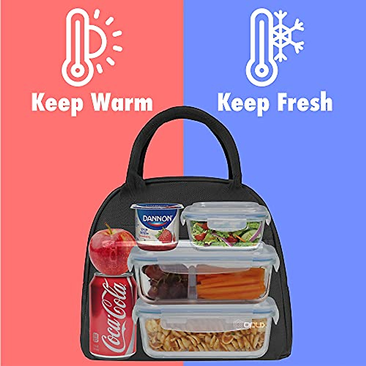 OPUX Insulated Lunch Box for Women | Lunch Bags for Women, Girls, Teens | Cute Black Reusable Thermal Lunch Tote Purse Cooler for Kids, School, Work, Office, Adult | Fits 12 Cans (Black)