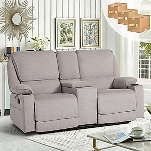 YOCONYO Loveseat Recliner, RV Reclining Loveseat, Home Theater Seating, Manual Loveseat with Console, 4 Cup Holders, 2-Seater Recliner Sofa, RV Furniture for Travel Trailers, Livingroom (Light Grey)