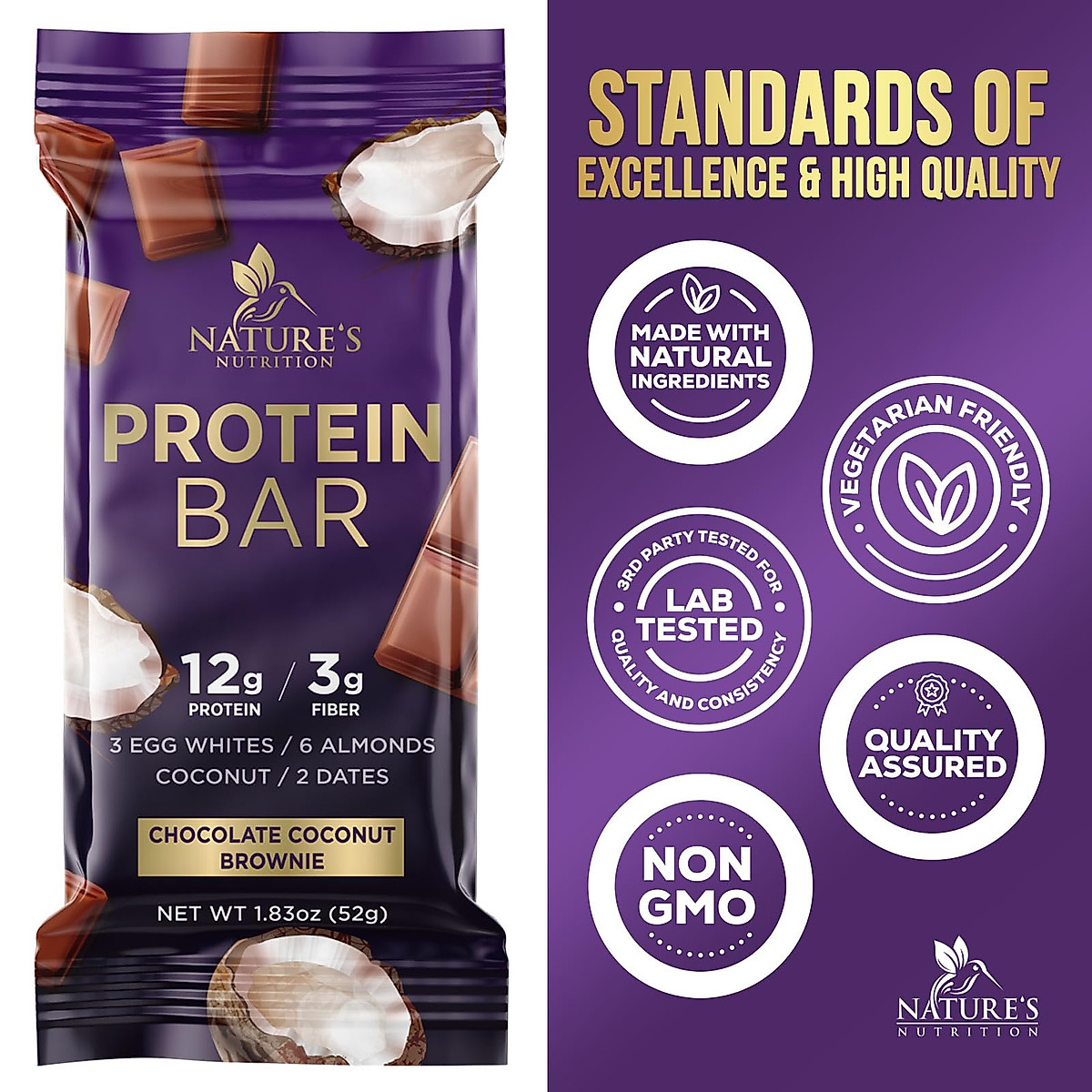 Chocolate Brownie Protein Bars - High Protein Snacks to Support Energy & Replace Meals - Snack Size Chocolate Coconut Bars by Natures Nutrition - 1.83 oz (Pack of 12)
