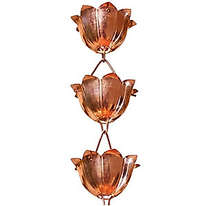 Monarch Rain Chains 28519 Pure Copper Lotus Large Cup Rain Chain, 8-1/2 Feet Length Replacement Downspout for Gutters, 8.5 Ft