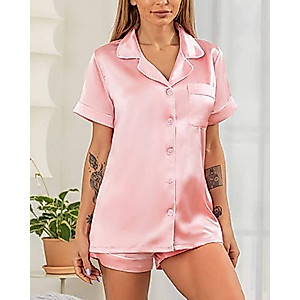 YIMANIE Womens Silk Satin Pajama Sets Two-piece Short Sleeve Shirt and Shorts Button Down Pj Set Loungewear Pink