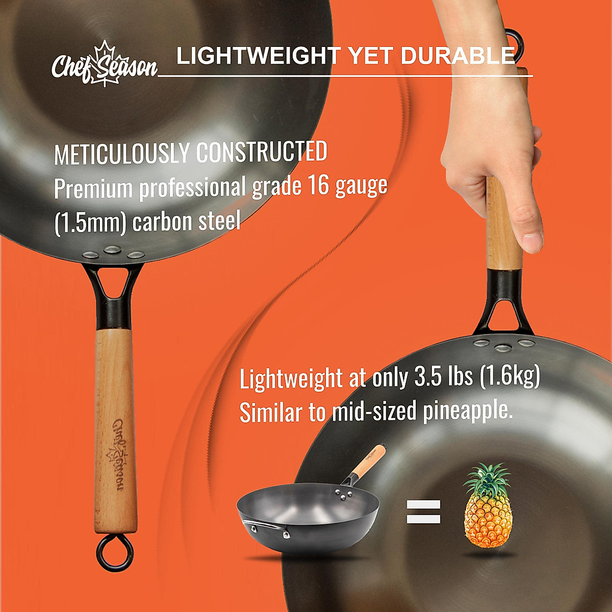 ChefSeason Carbon Steel Wok - 13.4" Flat Bottom Wok for Stir-Frying - Large Uncoated Pre-Seasoned Chinese Wok - fits Electric, Induction, and Gas Cooktops - Free Shopping Bag