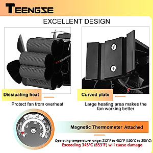 TEENGSE Heat Powered 8 Blade Wood Stove Fan, Flue Pipe Hanging Fireplace Fan for Home Wood Burning Stove Silent Indoor Stove Accessory Heat Distribution-Black with Magnetic Thermometer