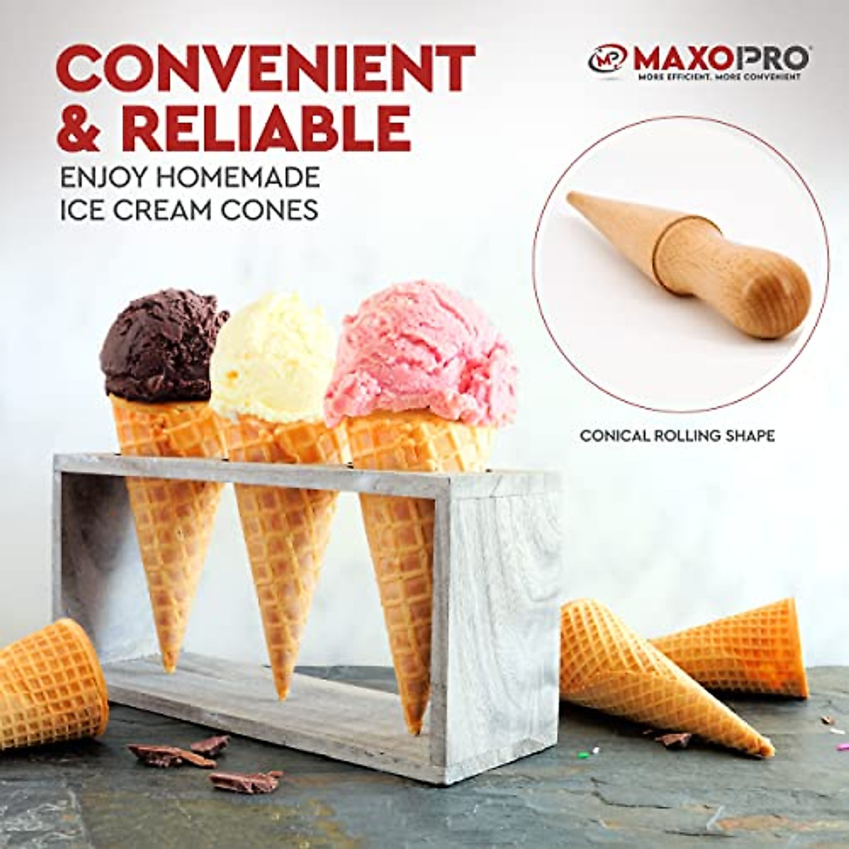 MaxoPro Ice Cream Waffle Cone Roller – 8.6 Inch Strong & Smooth krumkake cone roller - Wooden Pizzelle Cone Mold – Non-Slip Handle Waffle Cone Shaper Tool