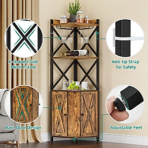 YITAHOME Corner Bar Cabinet with Glass & Wine Holder, Industrial Corner Shelf with Wine Storage, 5-Tiers Liquor Cabinet Bar for Home/Living Room/Kitchen, Rustic Brown